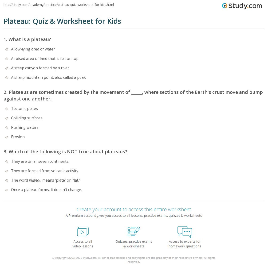 Plateau: Quiz & Worksheet for Kids | Study.com