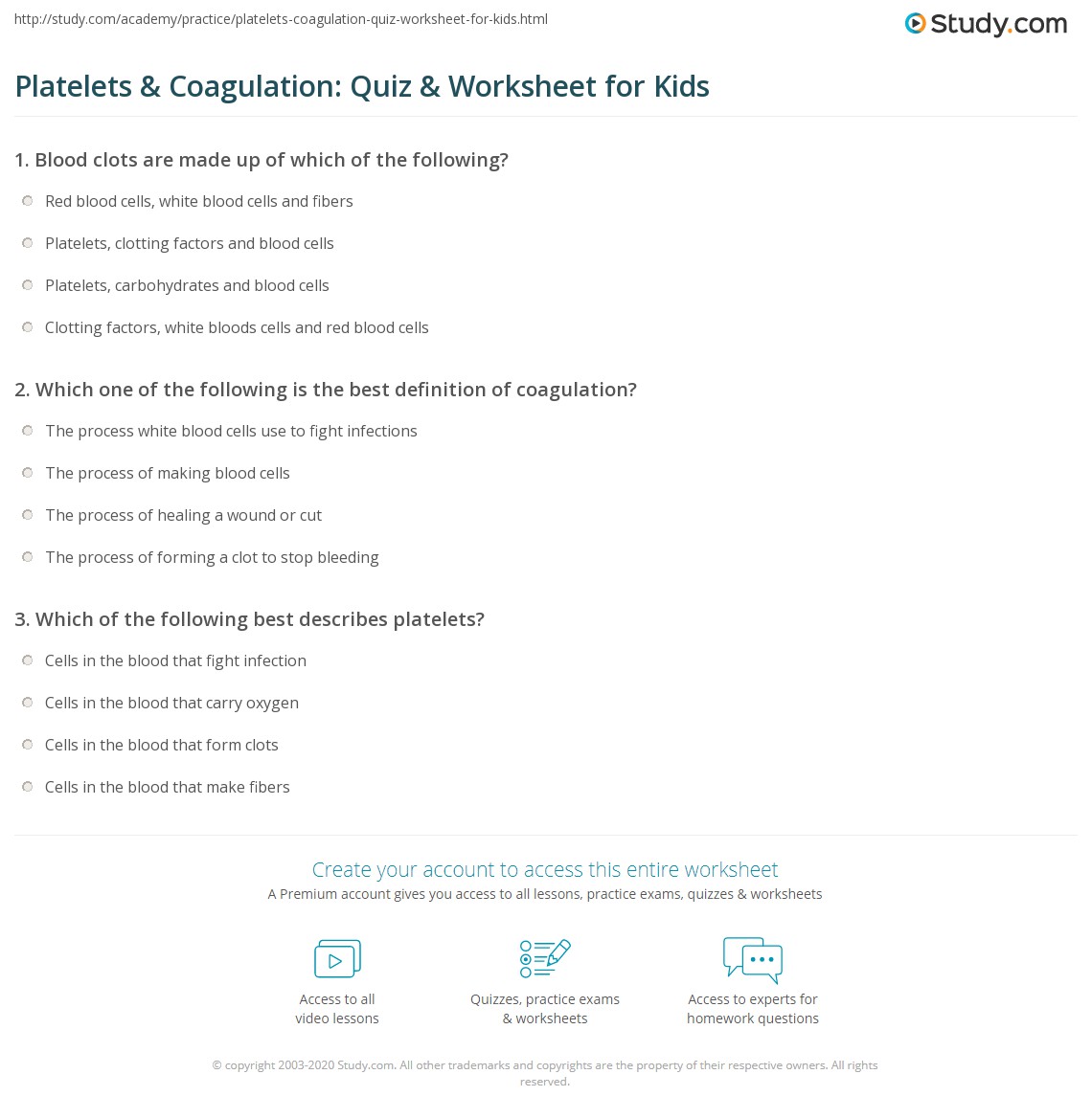 Platelets & Coagulation: Quiz & Worksheet for Kids | Study.com