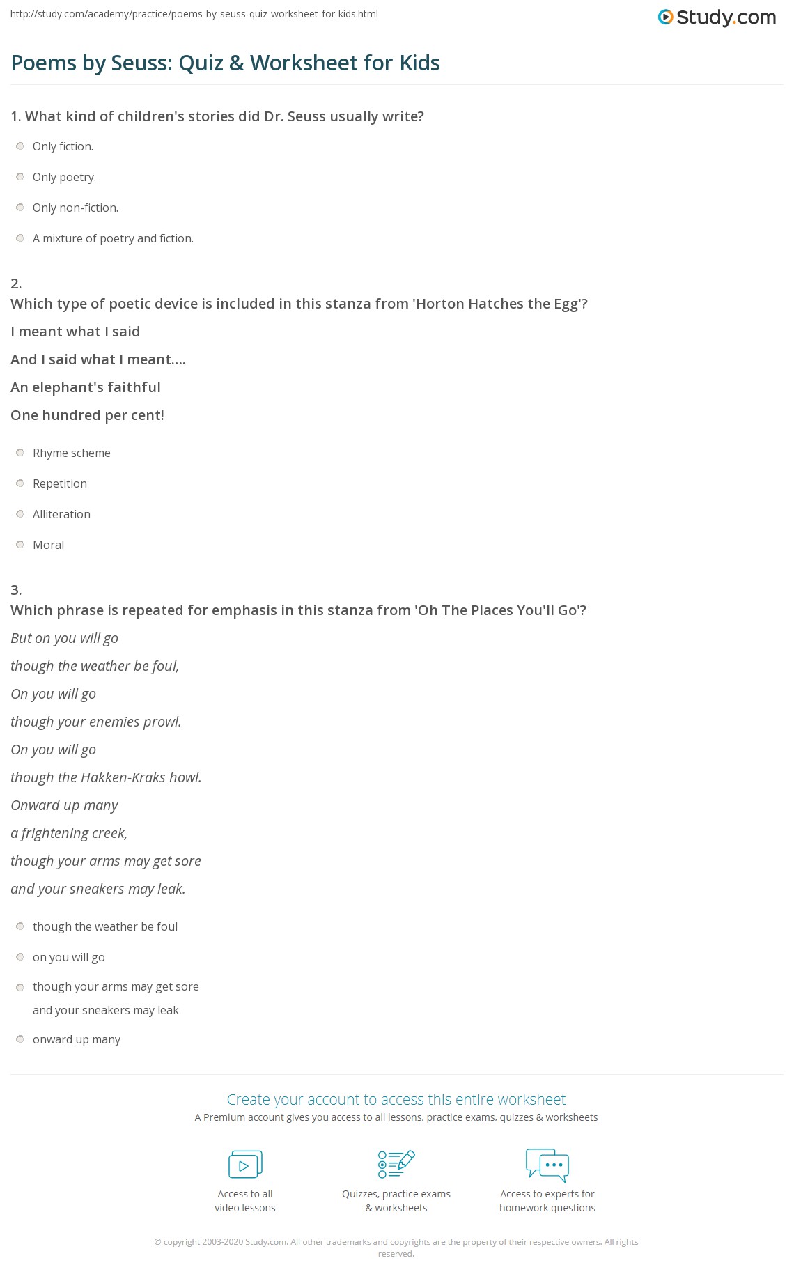 Poems by Seuss: Quiz & Worksheet for Kids | Study.com