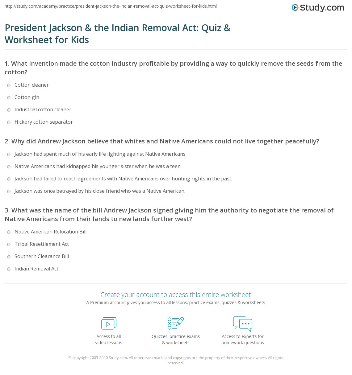 President Jackson & the Indian Removal Act: Quiz & Worksheet for Kids ...