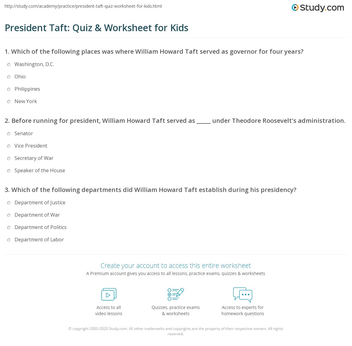 President Taft: Quiz & Worksheet for Kids | Study.com