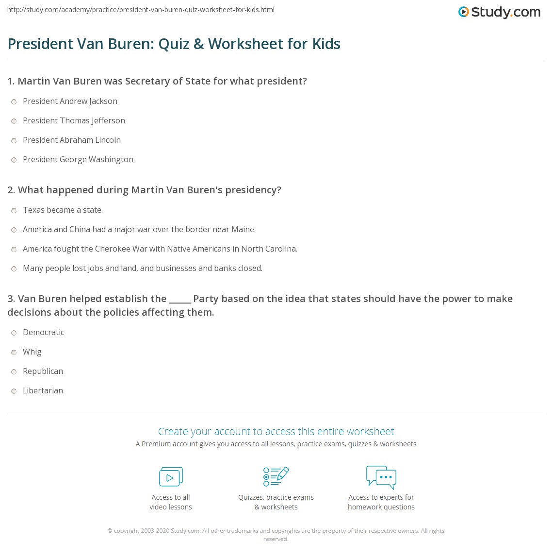 President Van Buren: Quiz & Worksheet for Kids | Study.com