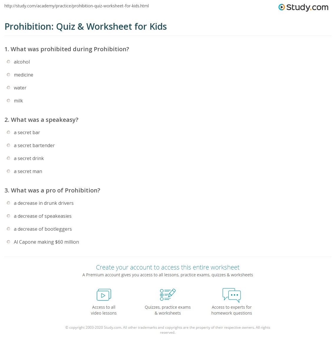 Prohibition: Quiz & Worksheet for Kids | Study.com