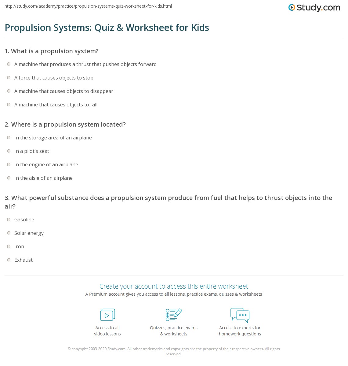 Propulsion Systems: Quiz & Worksheet for Kids | Study.com