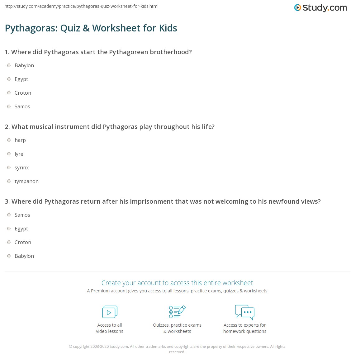 Pythagoras: Quiz & Worksheet for Kids | Study.com