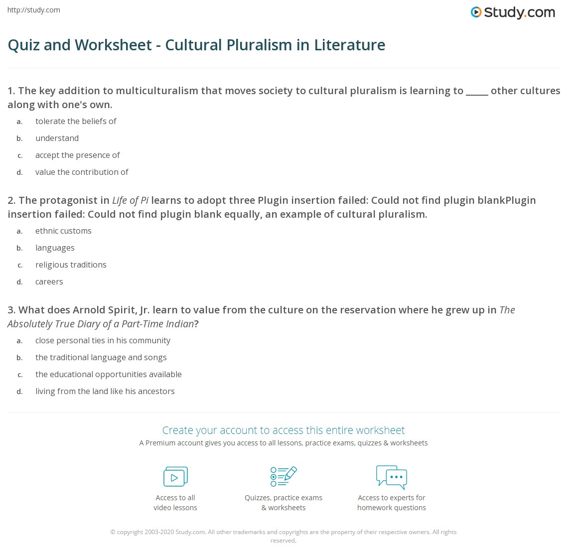 Quiz and Worksheet - Cultural Pluralism in Literature | Study.com