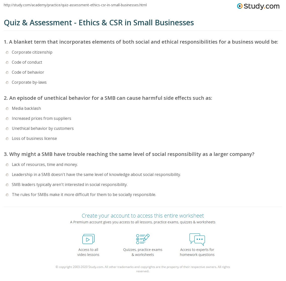 Quiz & Assessment - Ethics & CSR in Small Businesses | Study.com