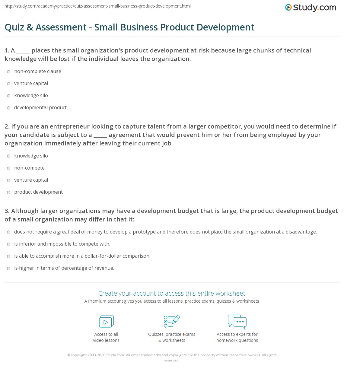 Quiz & Assessment - Small Business Product Development | Study.com