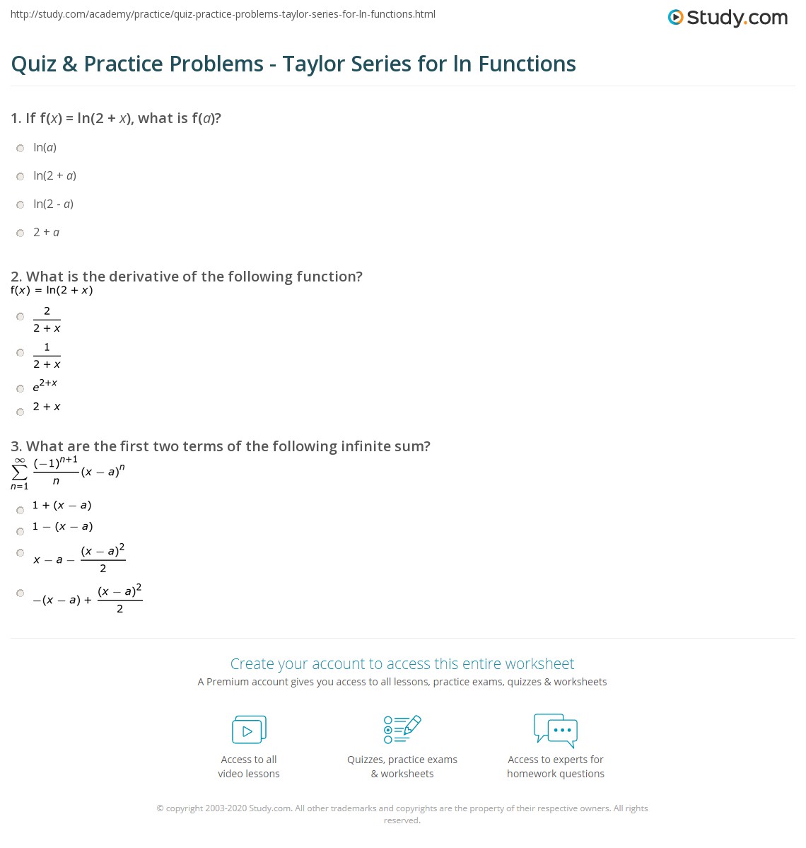 Quiz & Practice Problems - Taylor Series for ln Functions | Study.com