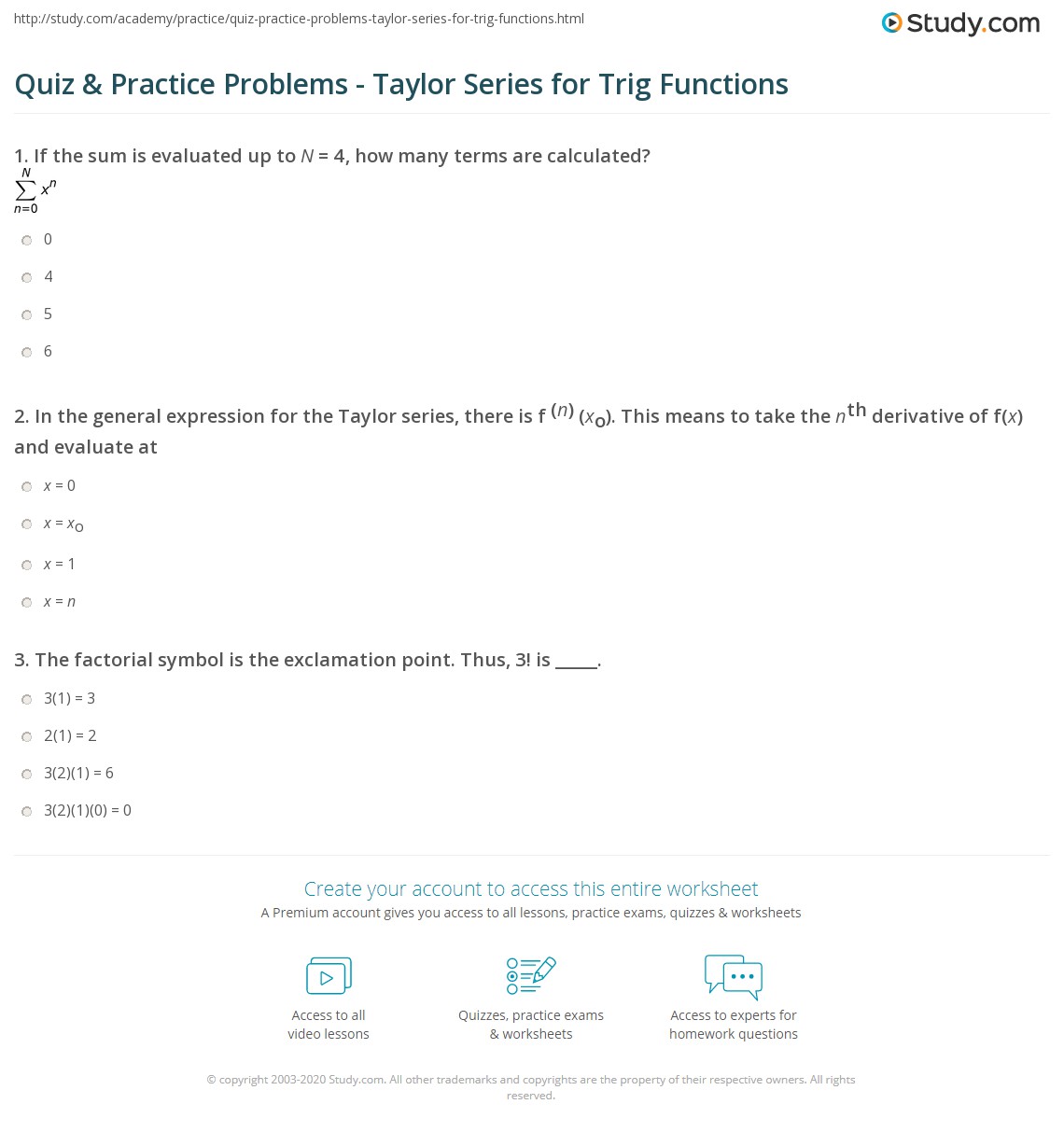 Quiz & Practice Problems - Taylor Series for Trig Functions | Study.com