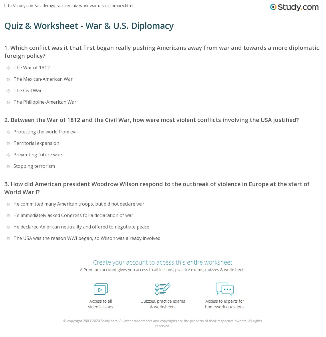 Quiz & Worksheet - War & U.S. Diplomacy | Study.com