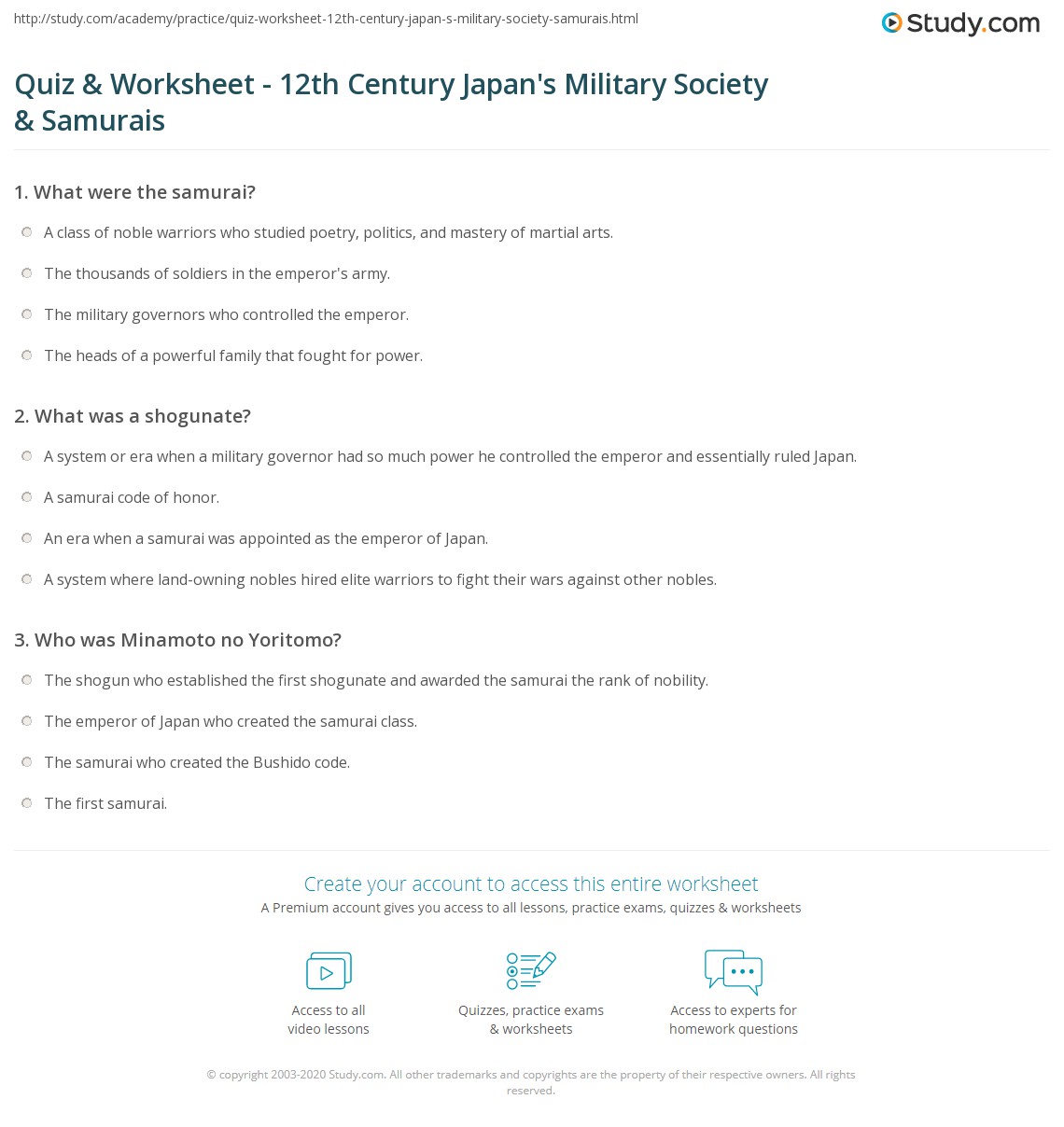 Quiz & Worksheet - 12th Century Japan's Military Society & Samurais ...