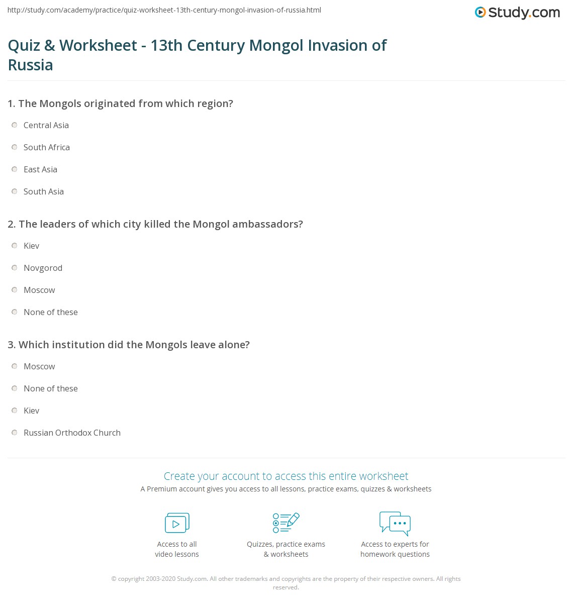 Quiz & Worksheet - 13th Century Mongol Invasion of Russia | Study.com