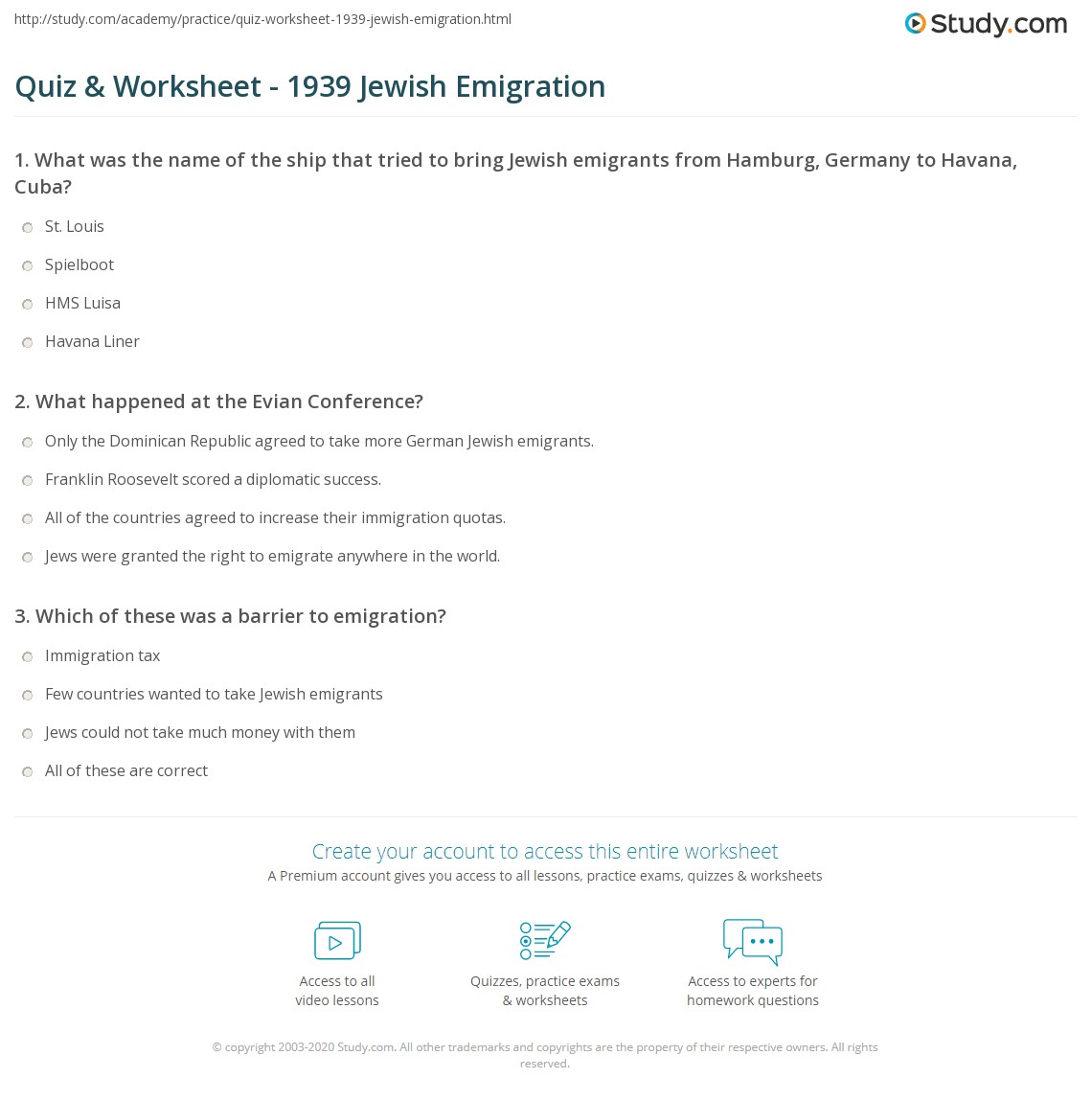 Quiz & Worksheet - 1939 Jewish Emigration | Study.com