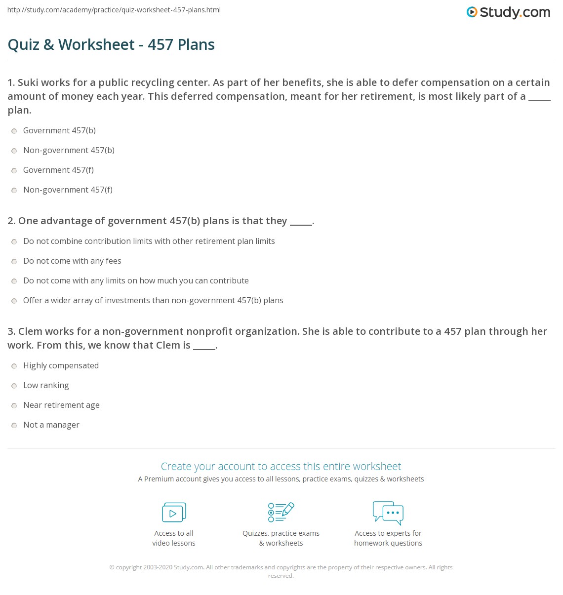 Quiz & Worksheet - 457 Plans | Study.com