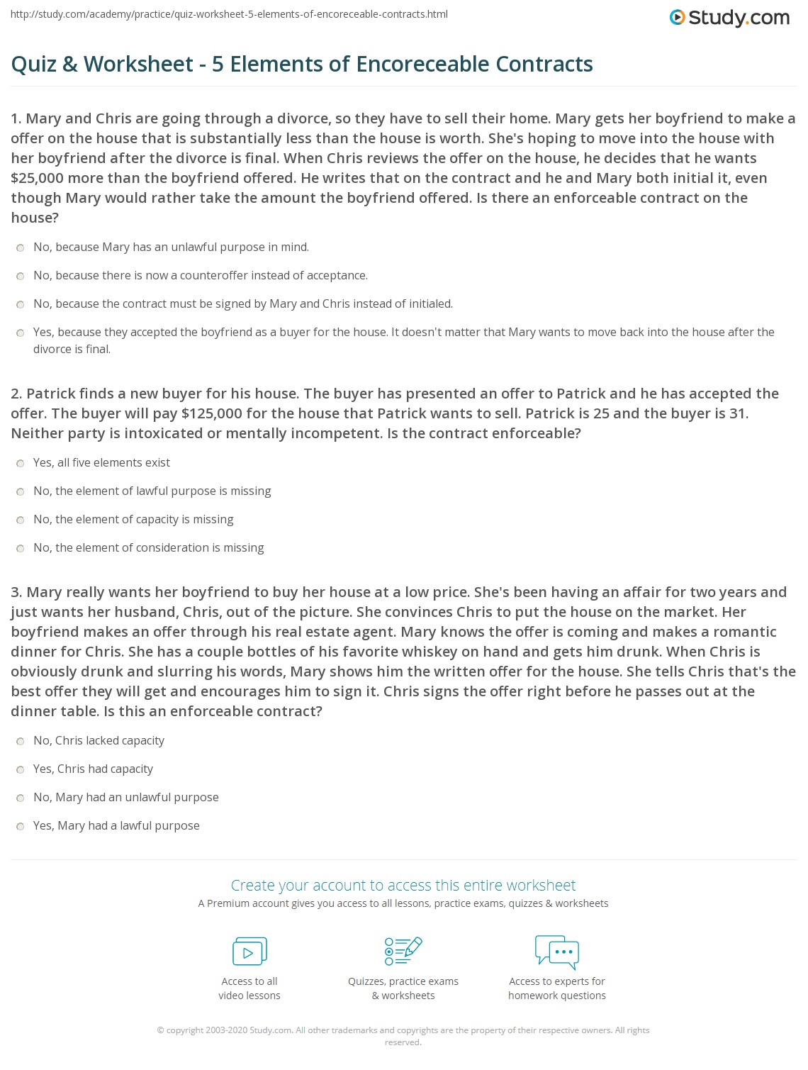 Quiz & Worksheet - 5 Elements of Encoreceable Contracts | Study.com