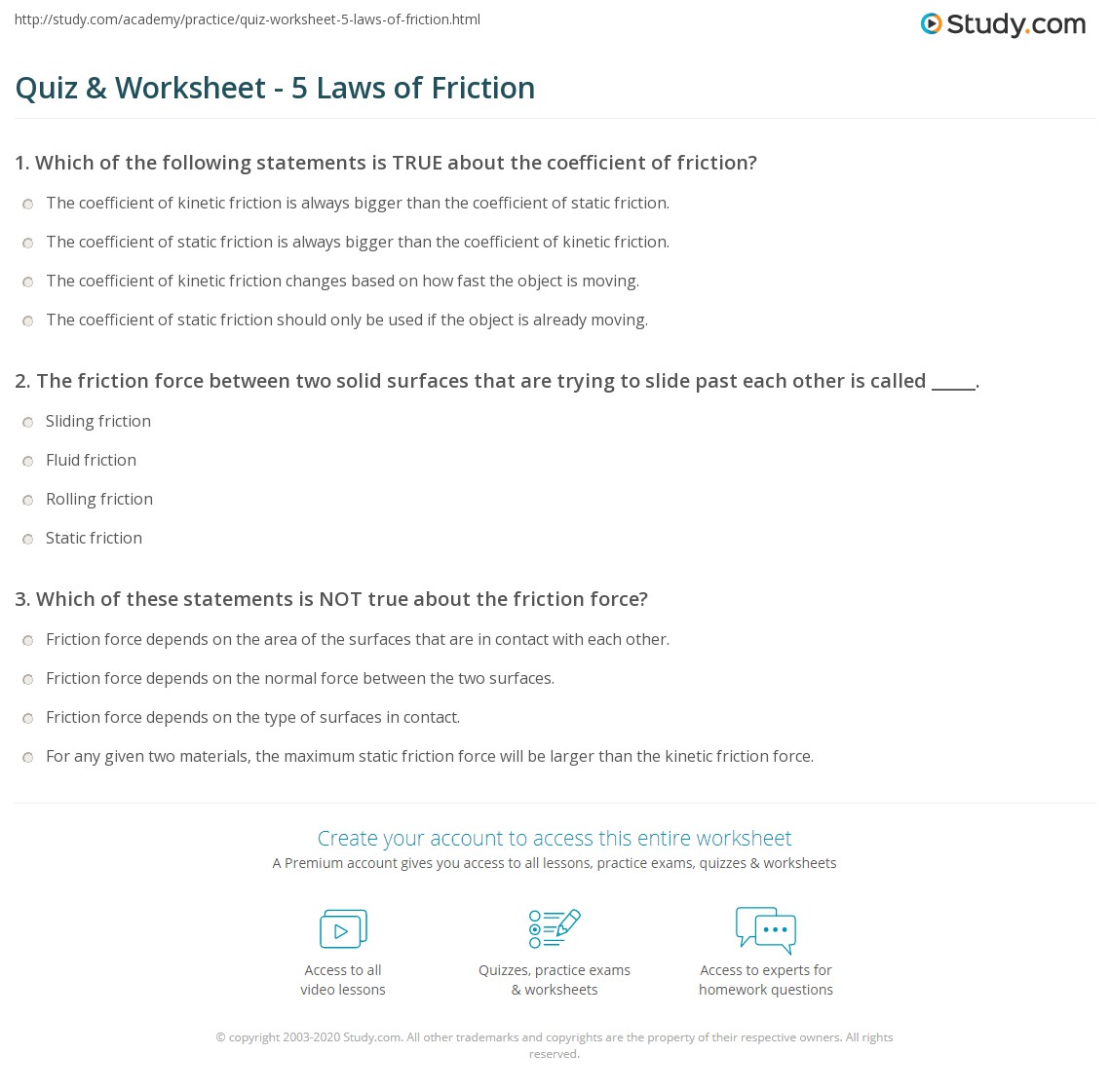 Quiz Worksheet 5 Laws Of Friction Study