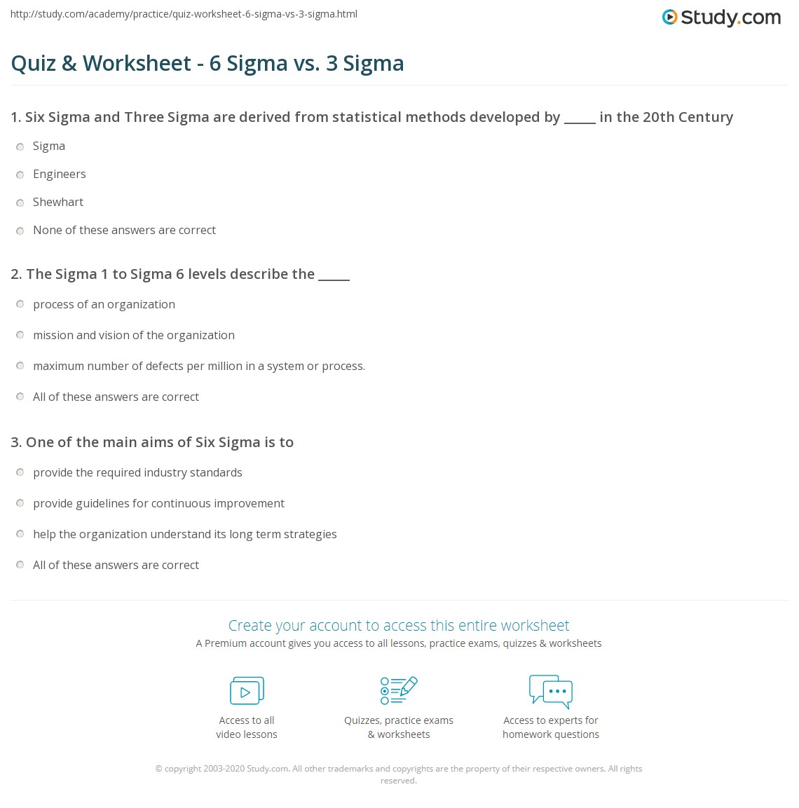 Quiz Worksheet 6 Sigma Vs 3 Sigma Study
