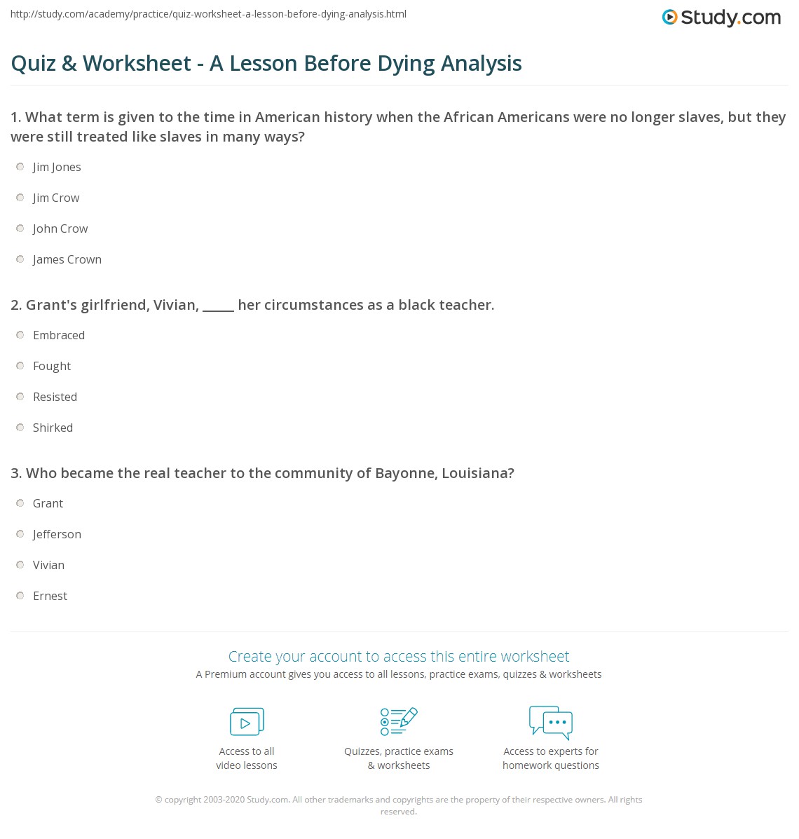 Quiz & Worksheet - A Lesson Before Dying Analysis | Study.com