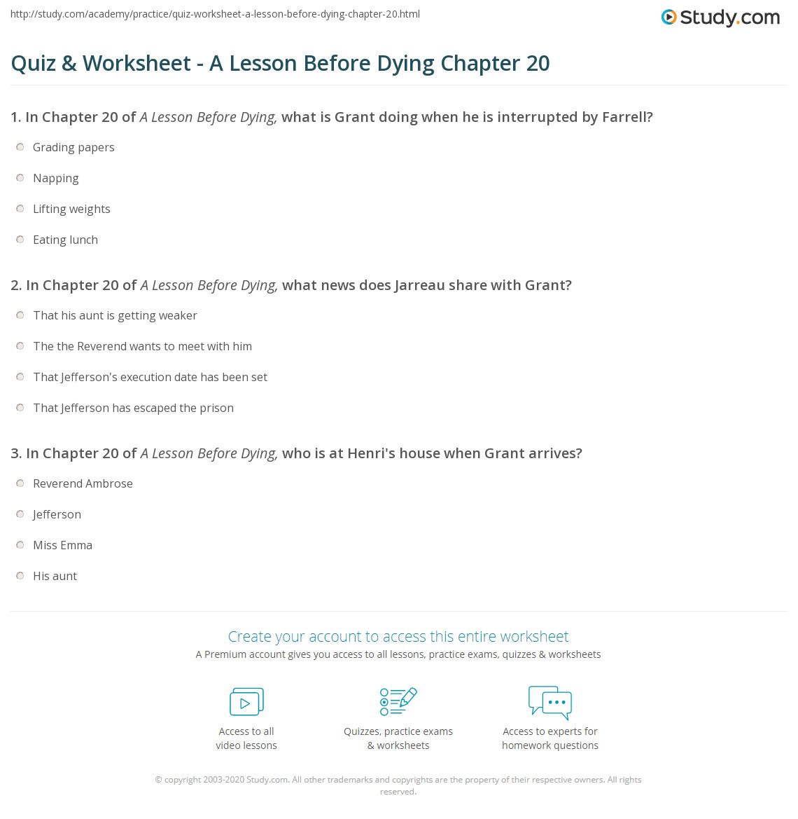Quiz & Worksheet - A Lesson Before Dying Chapter 20 | Study.com