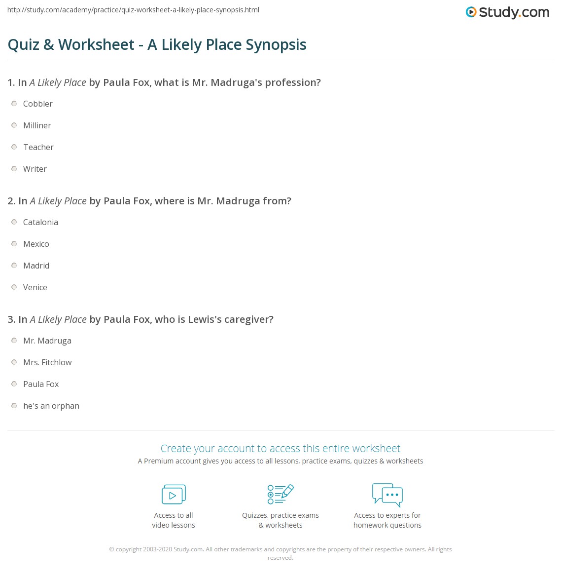 Quiz & Worksheet - A Likely Place Synopsis | Study.com