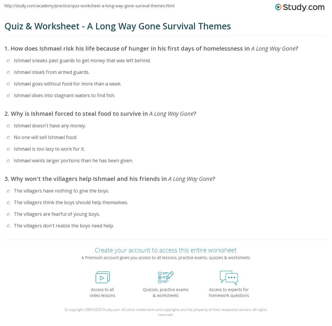 Quiz & Worksheet - A Long Way Gone Survival Themes | Study.com