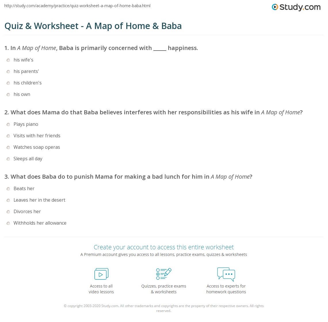 Quiz & Worksheet - A Map of Home & Baba | Study.com