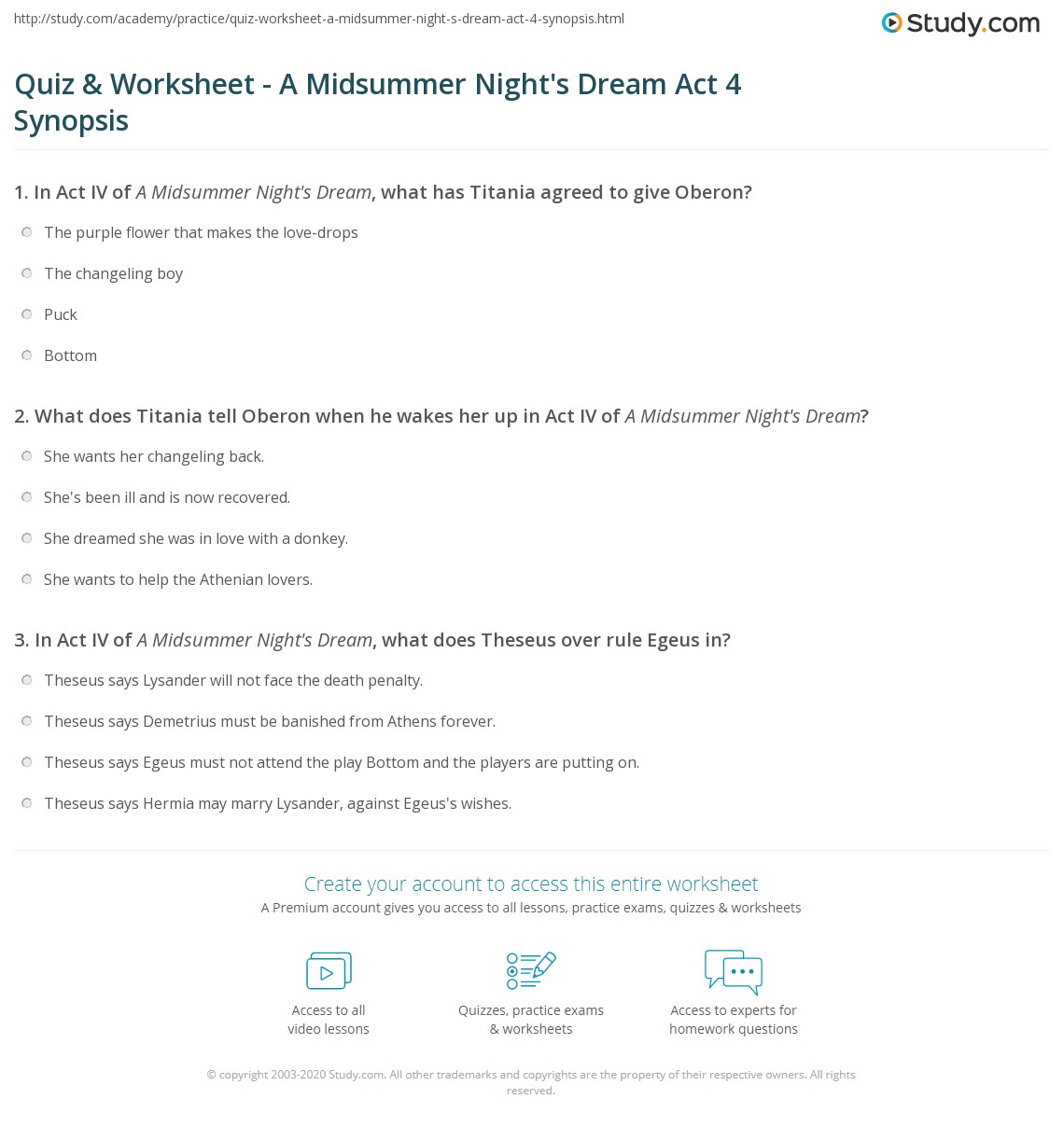 Quiz & Worksheet - A Midsummer Night's Dream Act 4 Synopsis | Study.com