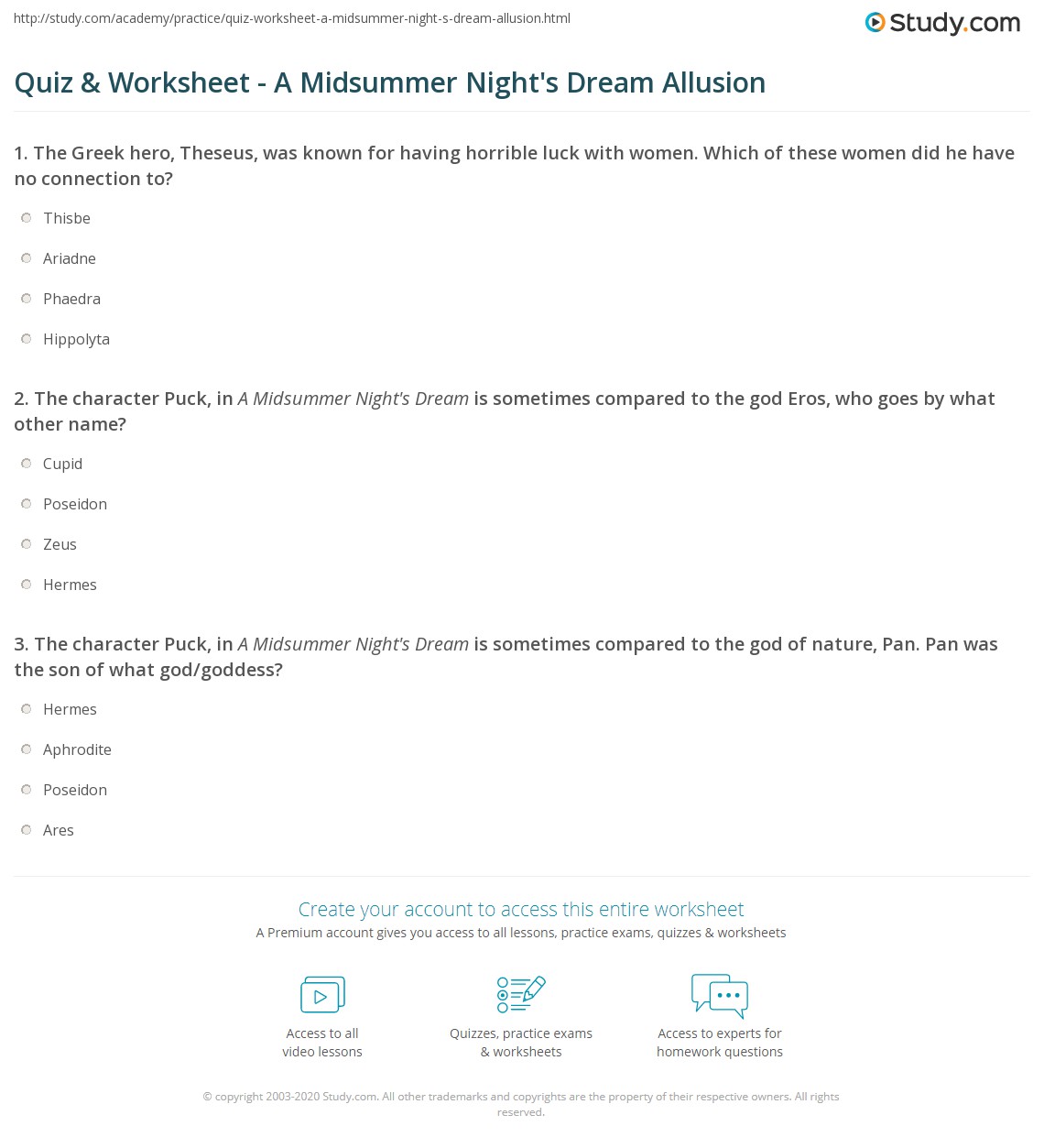 Quiz & Worksheet - A Midsummer Night's Dream Allusion | Study.com