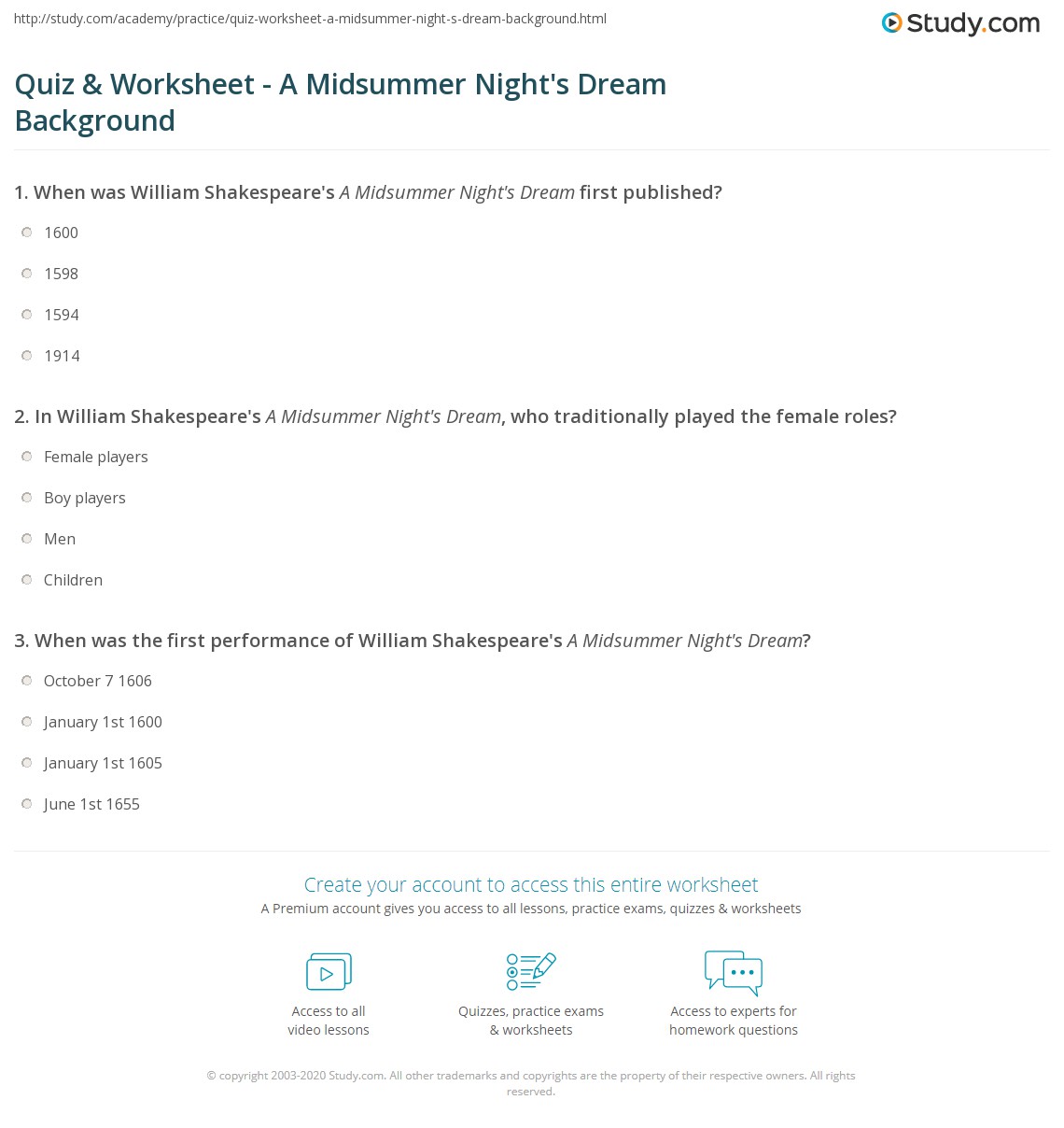 Quiz & Worksheet - A Midsummer Night's Dream Background | Study.com