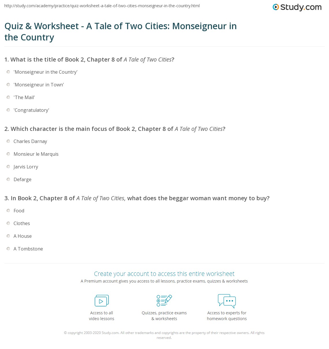 Quiz & Worksheet - A Tale of Two Cities: Monseigneur in the Country ...