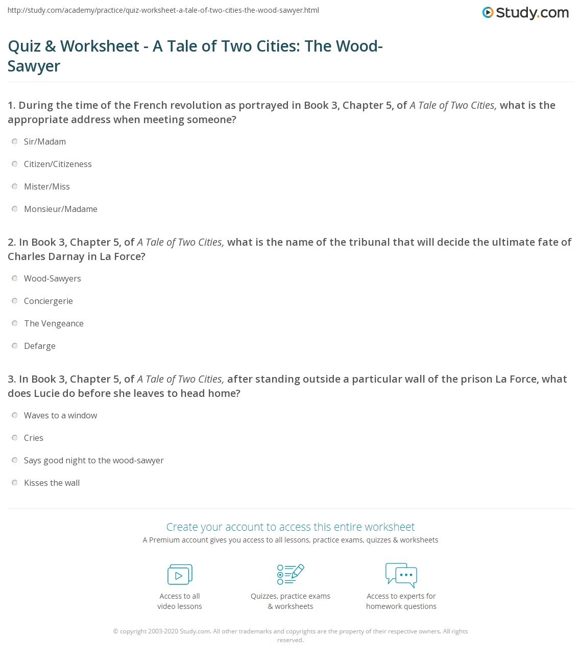 Quiz & Worksheet - A Tale of Two Cities: The Wood-Sawyer | Study.com
