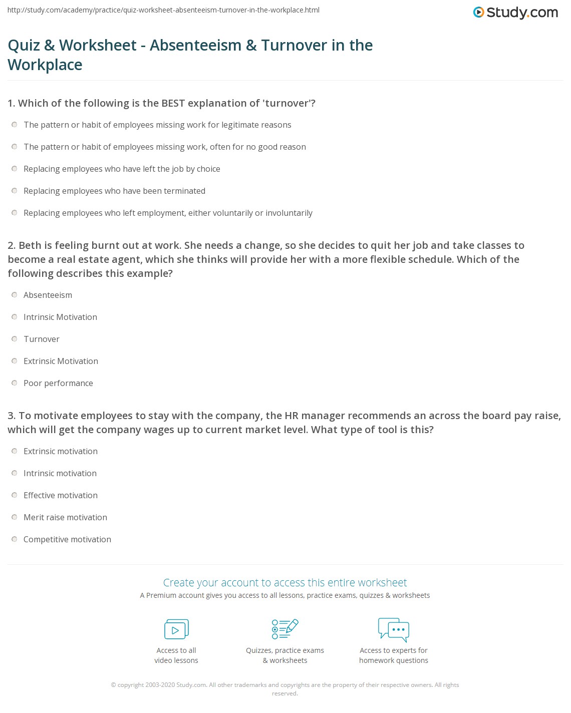 Quiz & Worksheet - Absenteeism & Turnover in the Workplace | Study.com