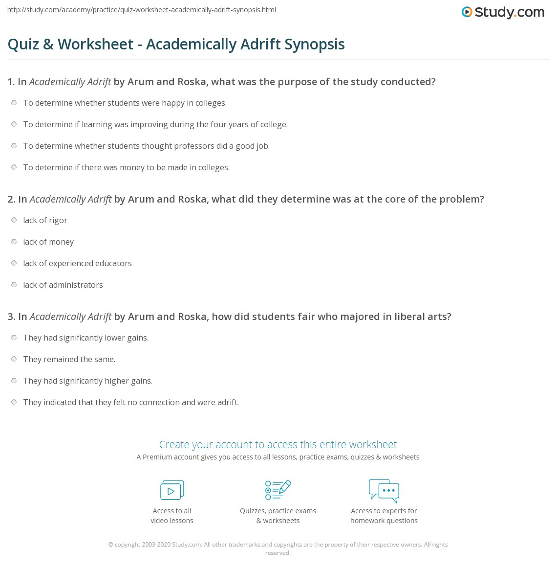 Quiz & Worksheet - Academically Adrift Synopsis | Study.com