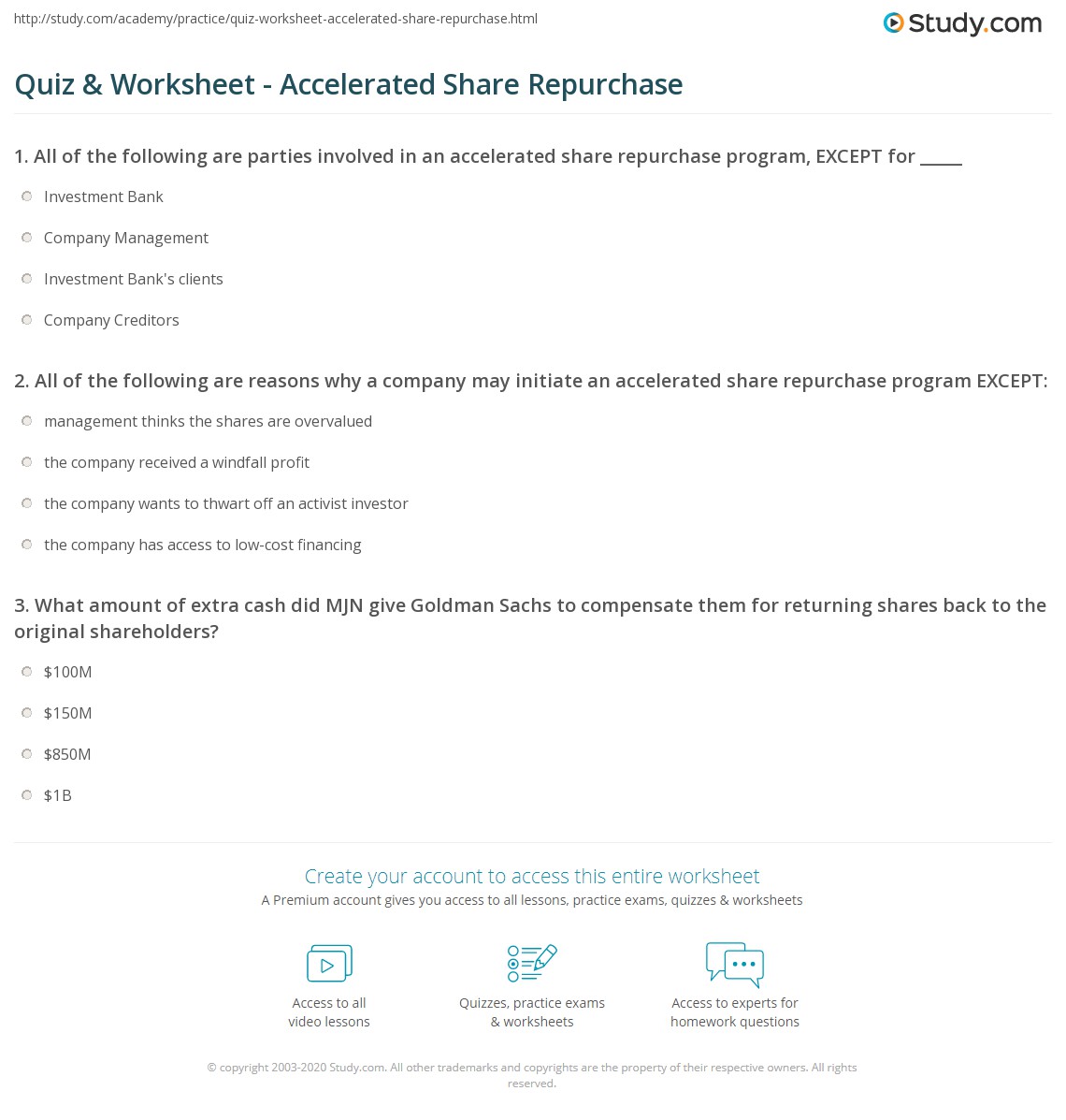 Quiz & Worksheet - Accelerated Share Repurchase | Study.com