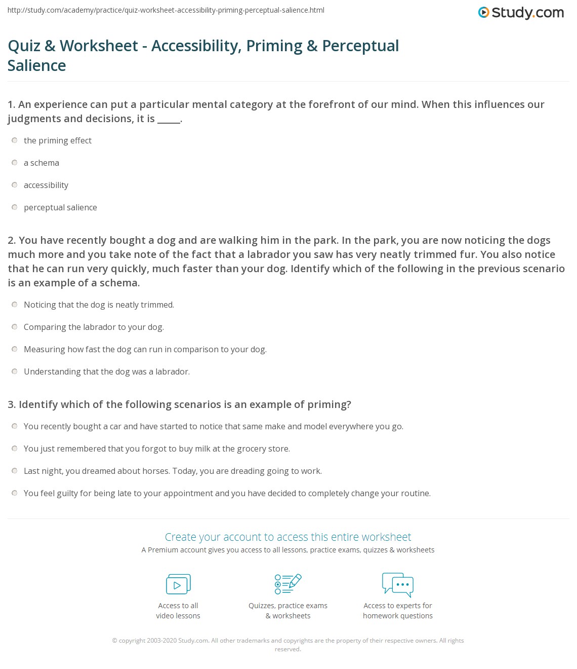 Quiz & Worksheet - Accessibility, Priming & Perceptual Salience | Study.com