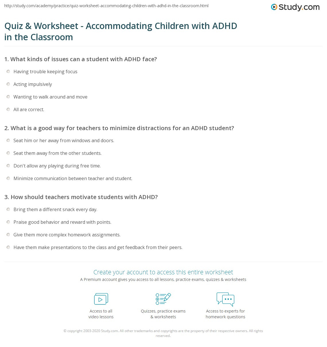Quiz & Worksheet - Accommodating Children with ADHD in the Classroom ...