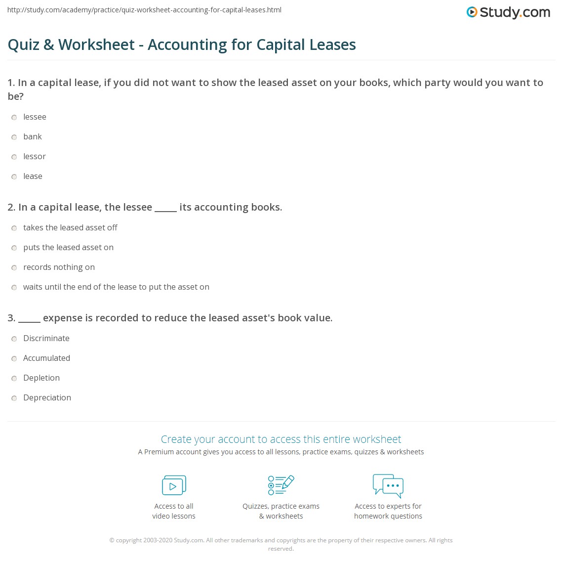 Quiz & Worksheet - Accounting for Capital Leases | Study.com