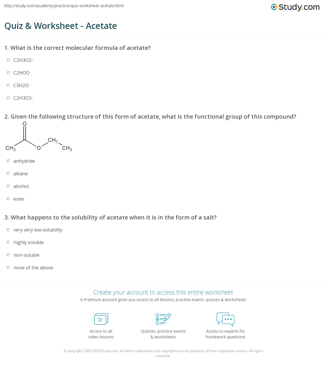 Quiz & Worksheet - Acetate | Study.com