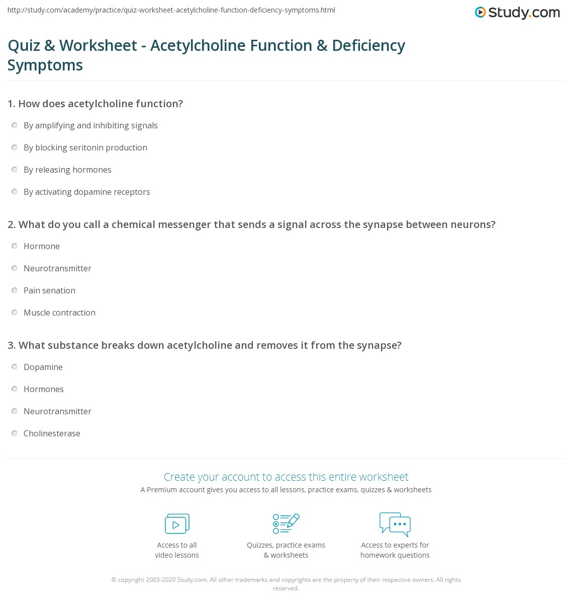 Quiz & Worksheet - Acetylcholine Function & Deficiency Symptoms | Study.com