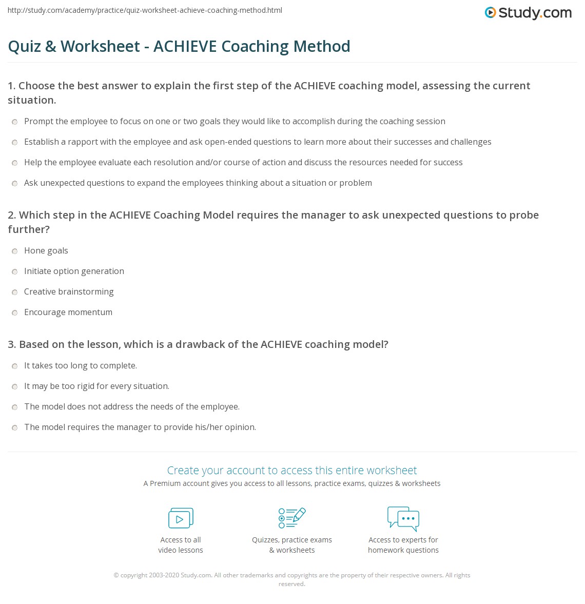 Quiz & Worksheet - ACHIEVE Coaching Method | Study.com