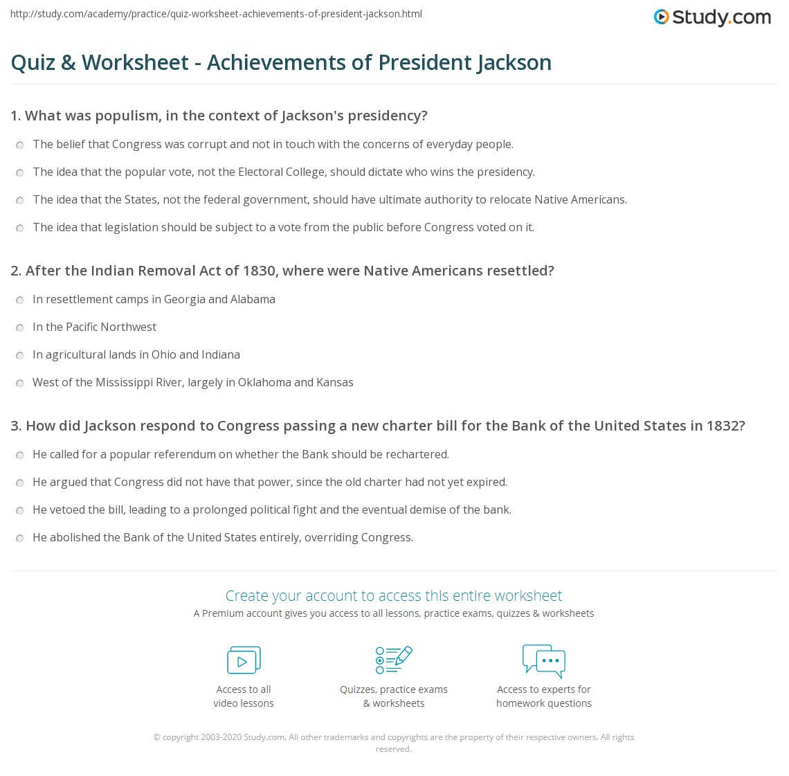 Quiz & Worksheet - Achievements of President Jackson | Study.com