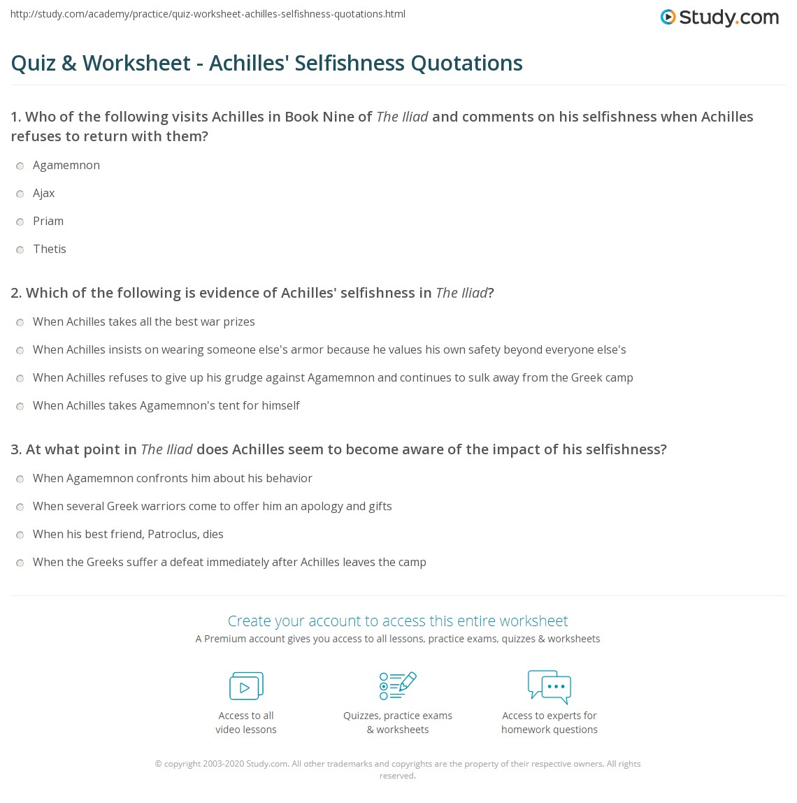 Quiz & Worksheet - Achilles' Selfishness Quotations | Study.com