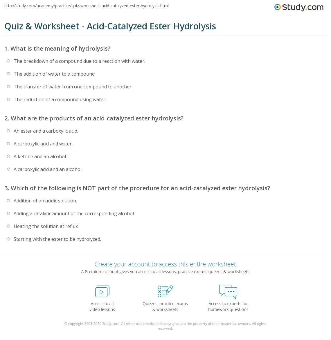 Quiz & Worksheet - Acid-Catalyzed Ester Hydrolysis | Study.com