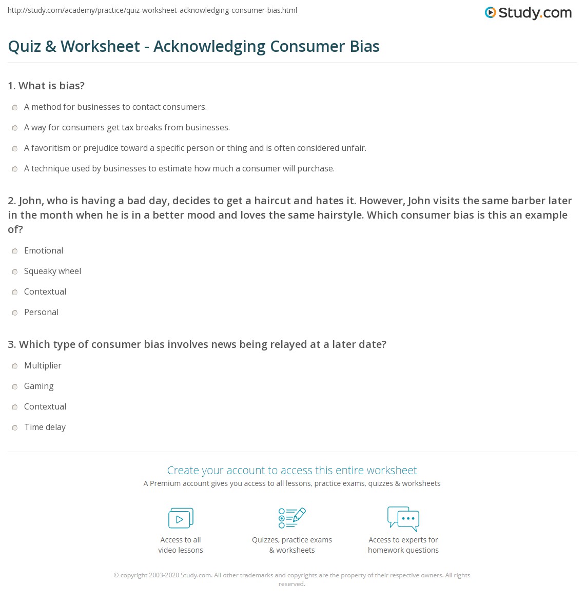Quiz & Worksheet - Acknowledging Consumer Bias | Study.com