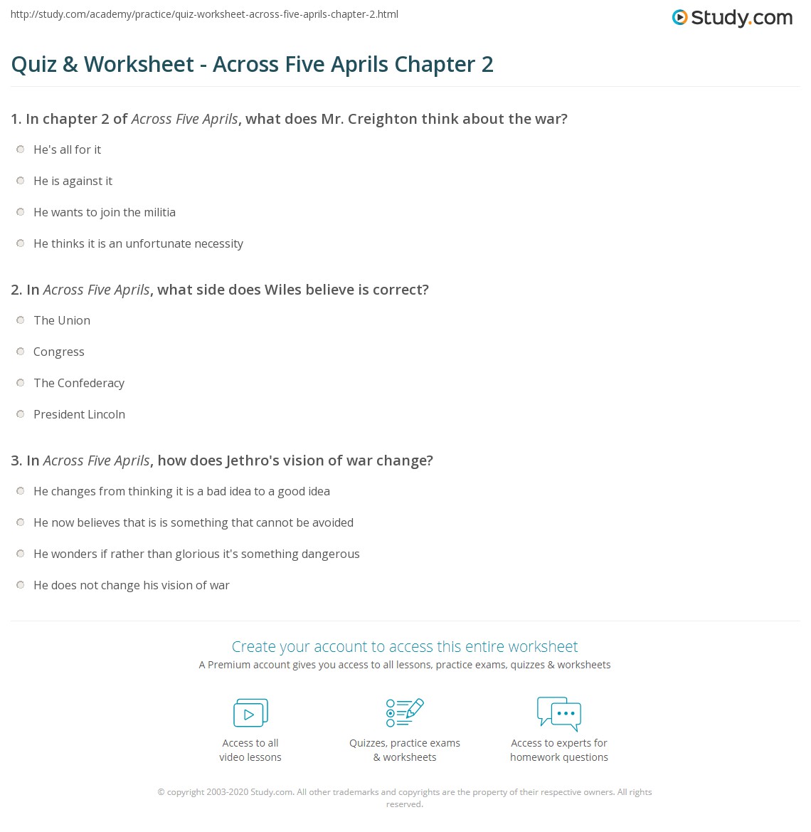 Quiz & Worksheet - Across Five Aprils Chapter 2 | Study.com