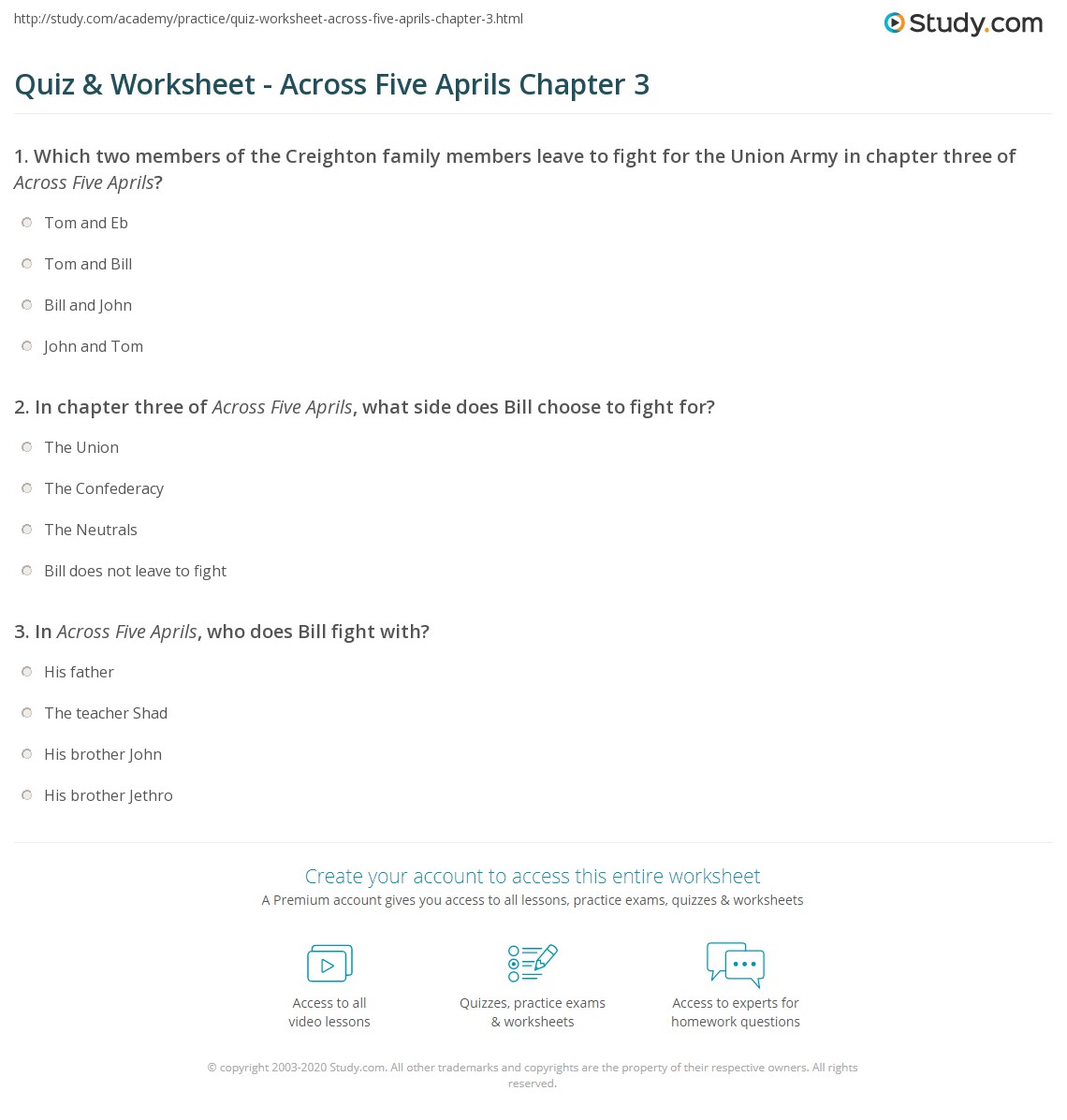 Quiz & Worksheet - Across Five Aprils Chapter 3 | Study.com