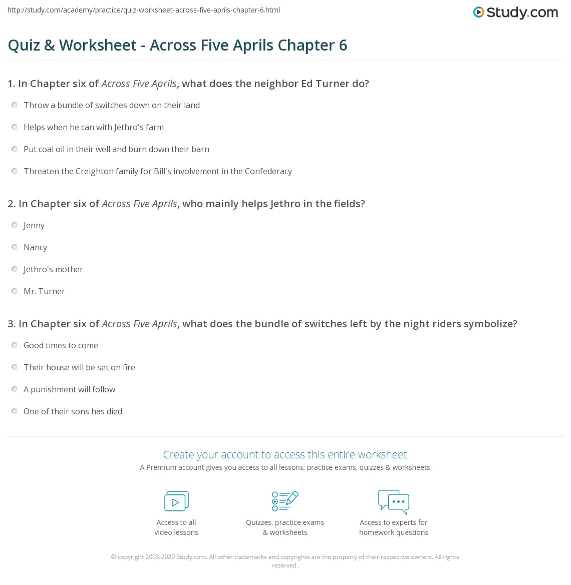 Quiz & Worksheet - Across Five Aprils Chapter 6 | Study.com