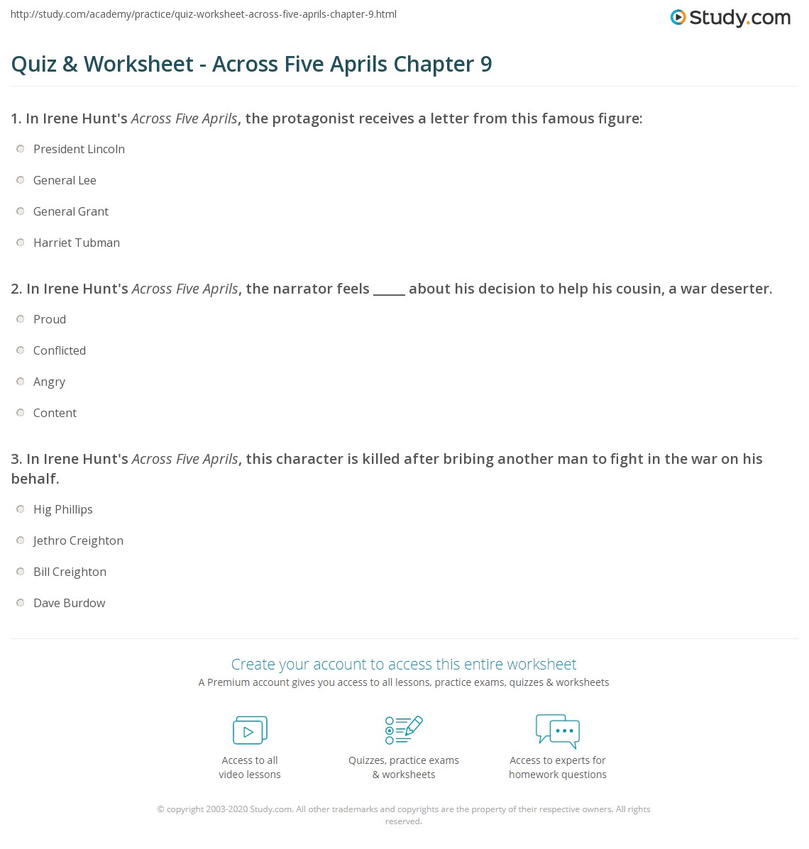 Quiz & Worksheet - Across Five Aprils Chapter 9 | Study.com