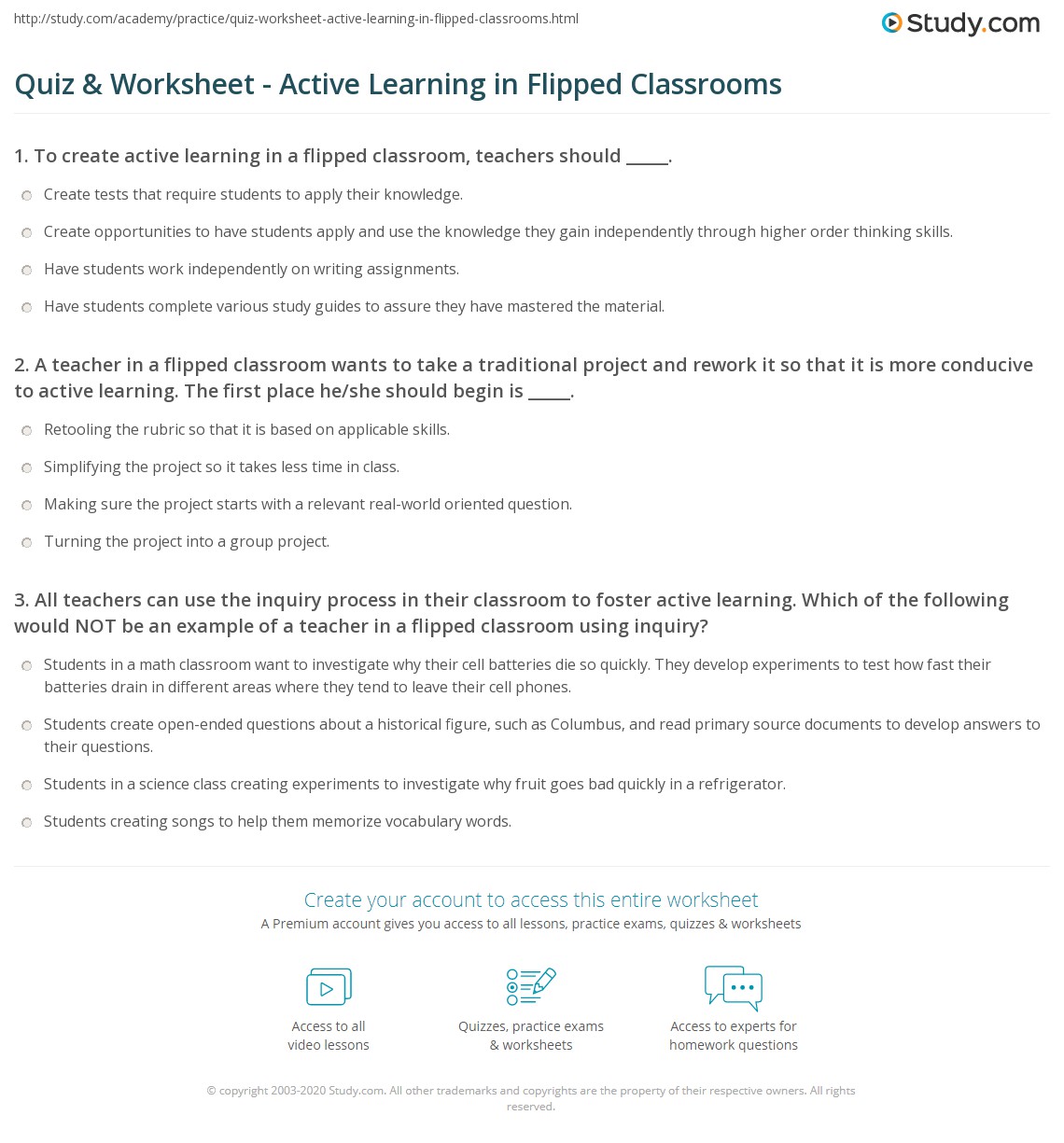 Quiz & Worksheet - Active Learning in Flipped Classrooms | Study.com